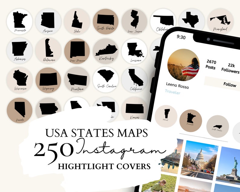 US States Instagram Highlight Cover | 50 USA States Maps Illustrations ...
