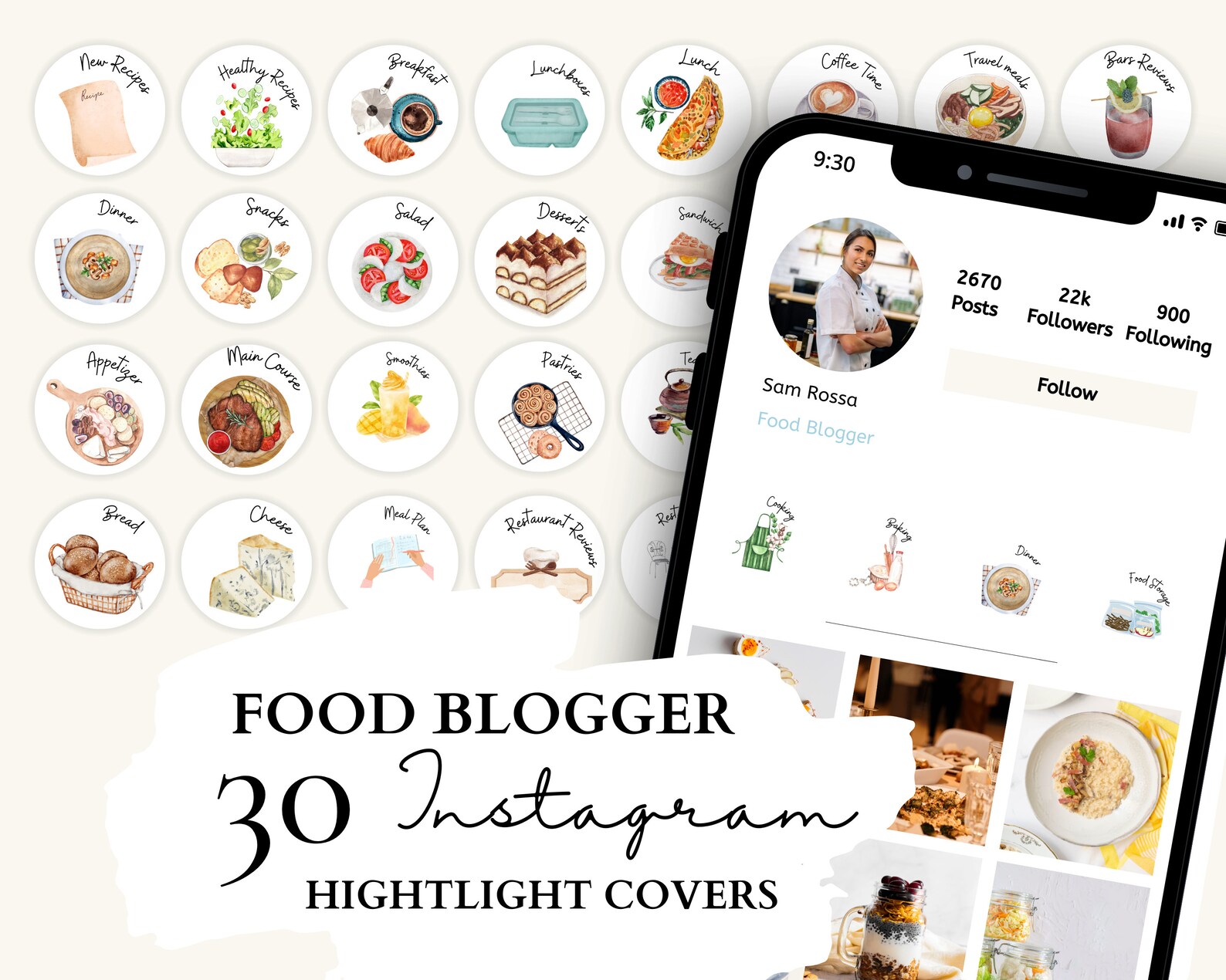 Food Blogger Instagram Highlight Covers | Watercolor Food Icons | 30 ...