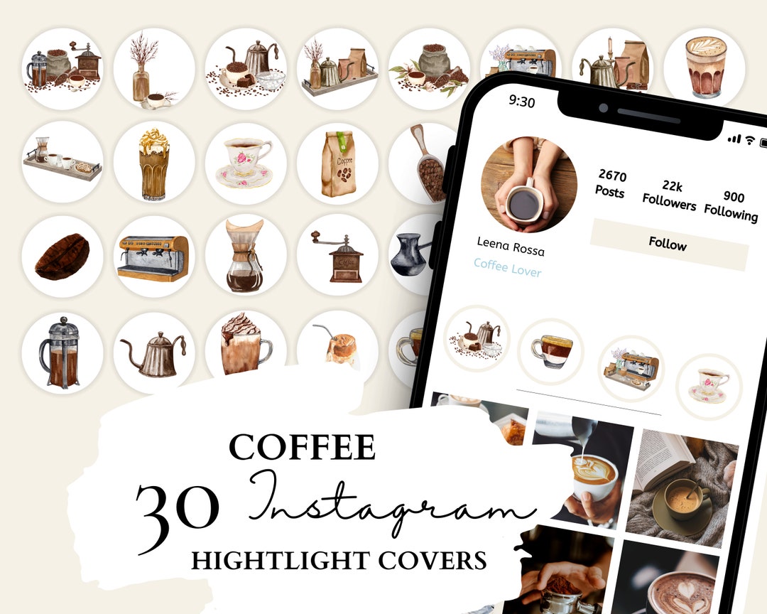 Coffee Instagram Highlight Covers | Watercolor Coffee Icons | 30 Coffee ...