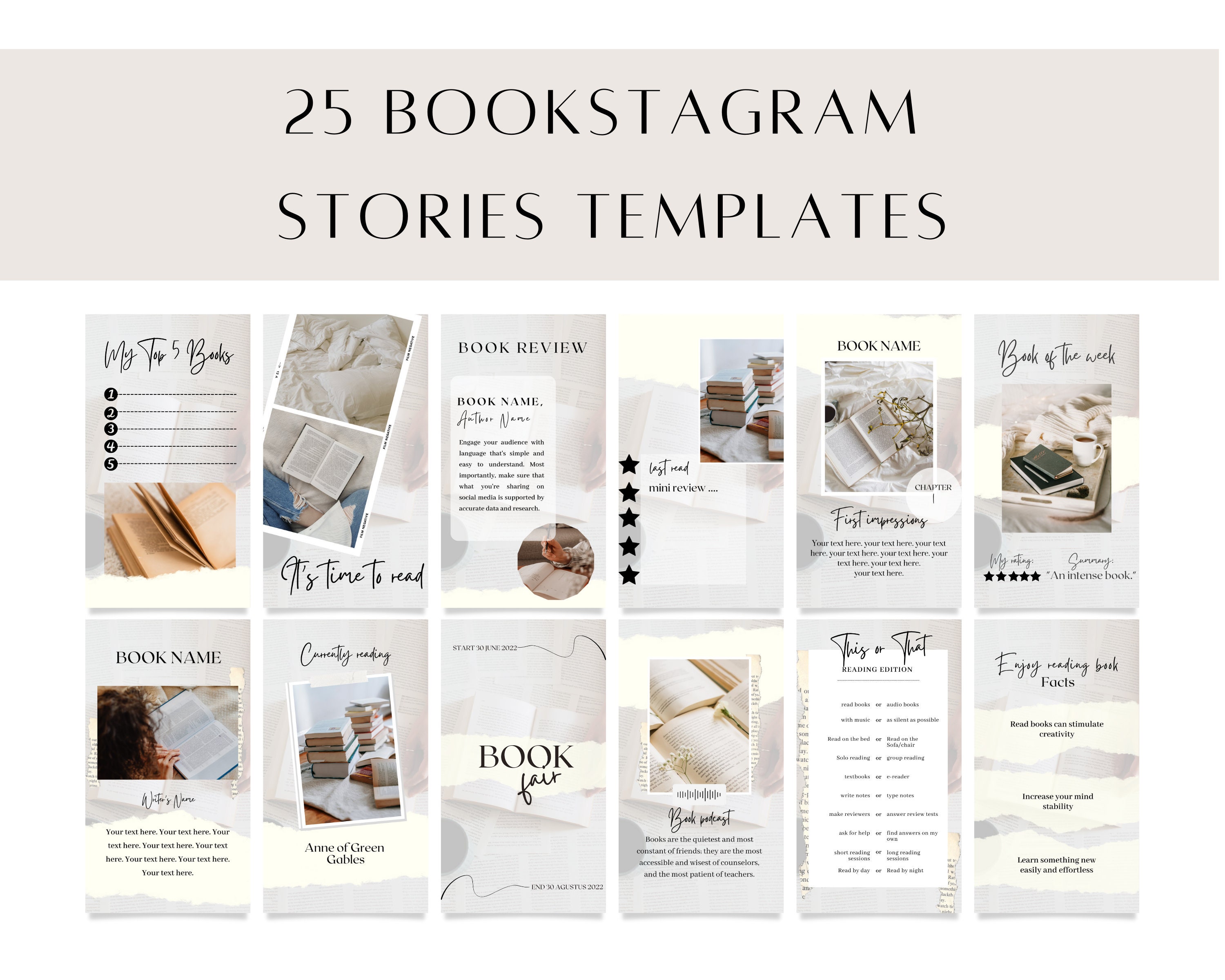 Books Instagram Templates, Canva Templates 50 Bookstagram Creative ...