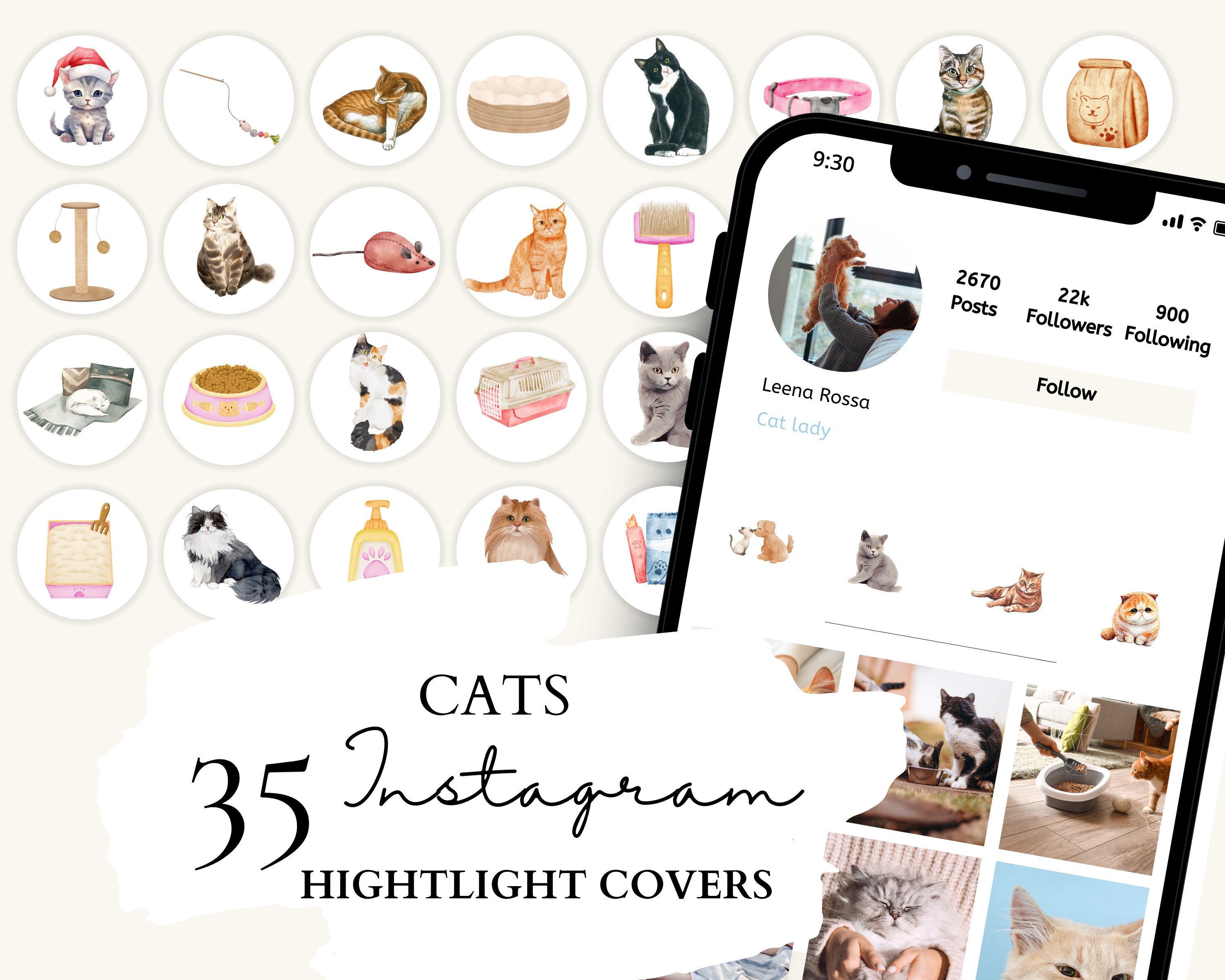Cats Instagram Highlight Covers | Watercolor Cats Icons | 35 Watercolor ...