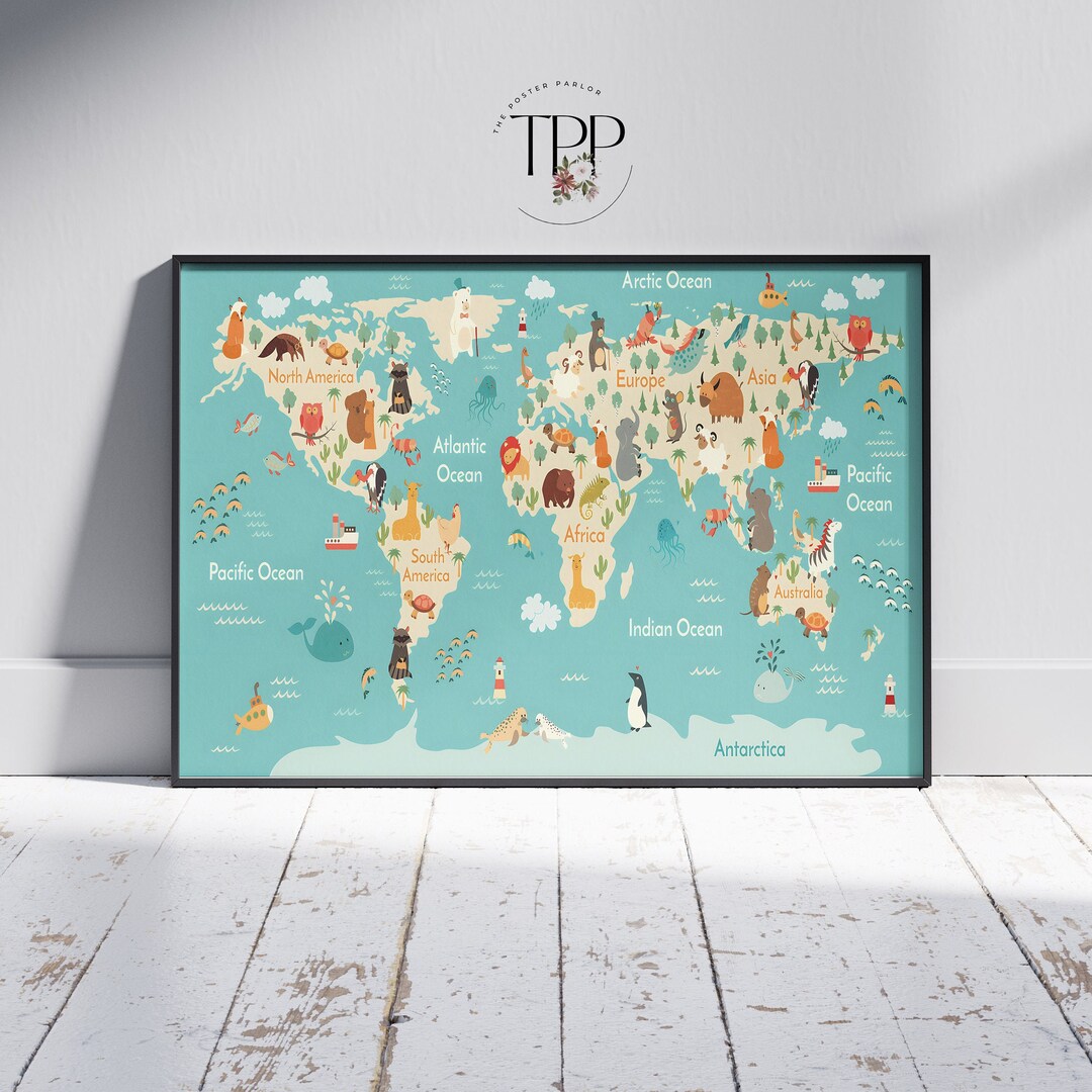 World Animal Map Poster, Kids Room Wall Art, Playroom Decor, Fine Art ...