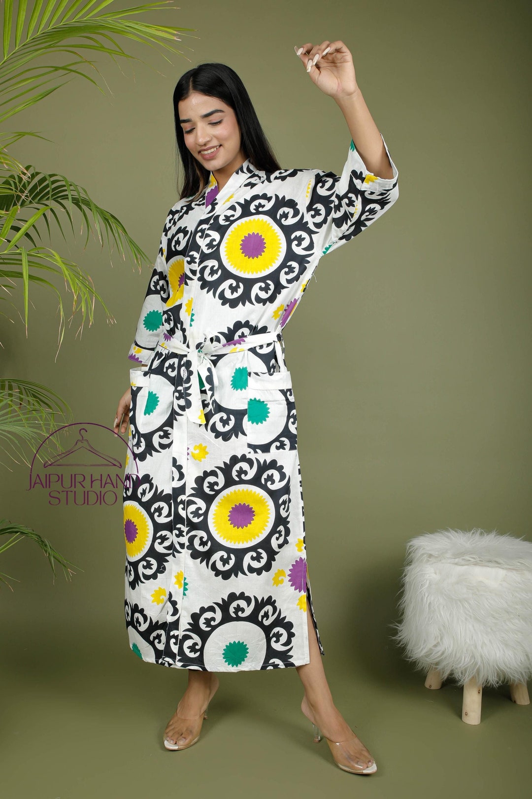 White and Multicolor Beautiful Look Kimono | Handmade Cotton Robes ...