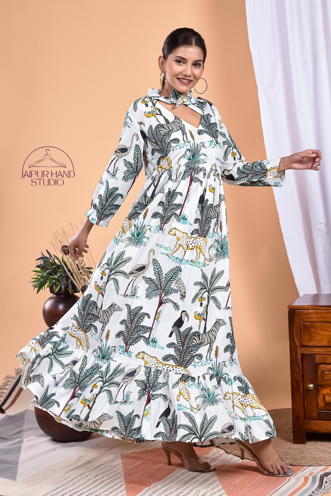 Jungle Block Print Cotton Dress | Wedding Wear Long Sleeve Gown ...