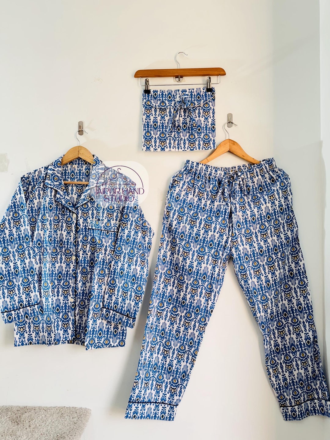 White and Blue Color Pj Set | Hand Block Print Pajamas | Women Night ...