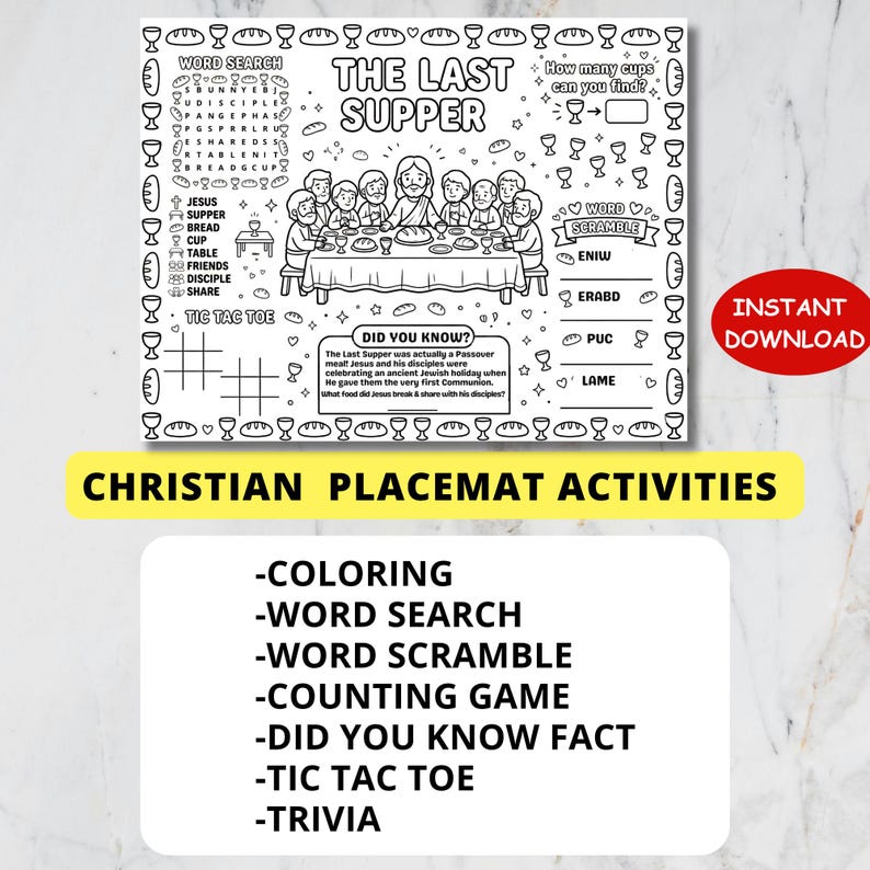The Last Supper Bible Activity Placemat Craft,sunday School Coloring ...