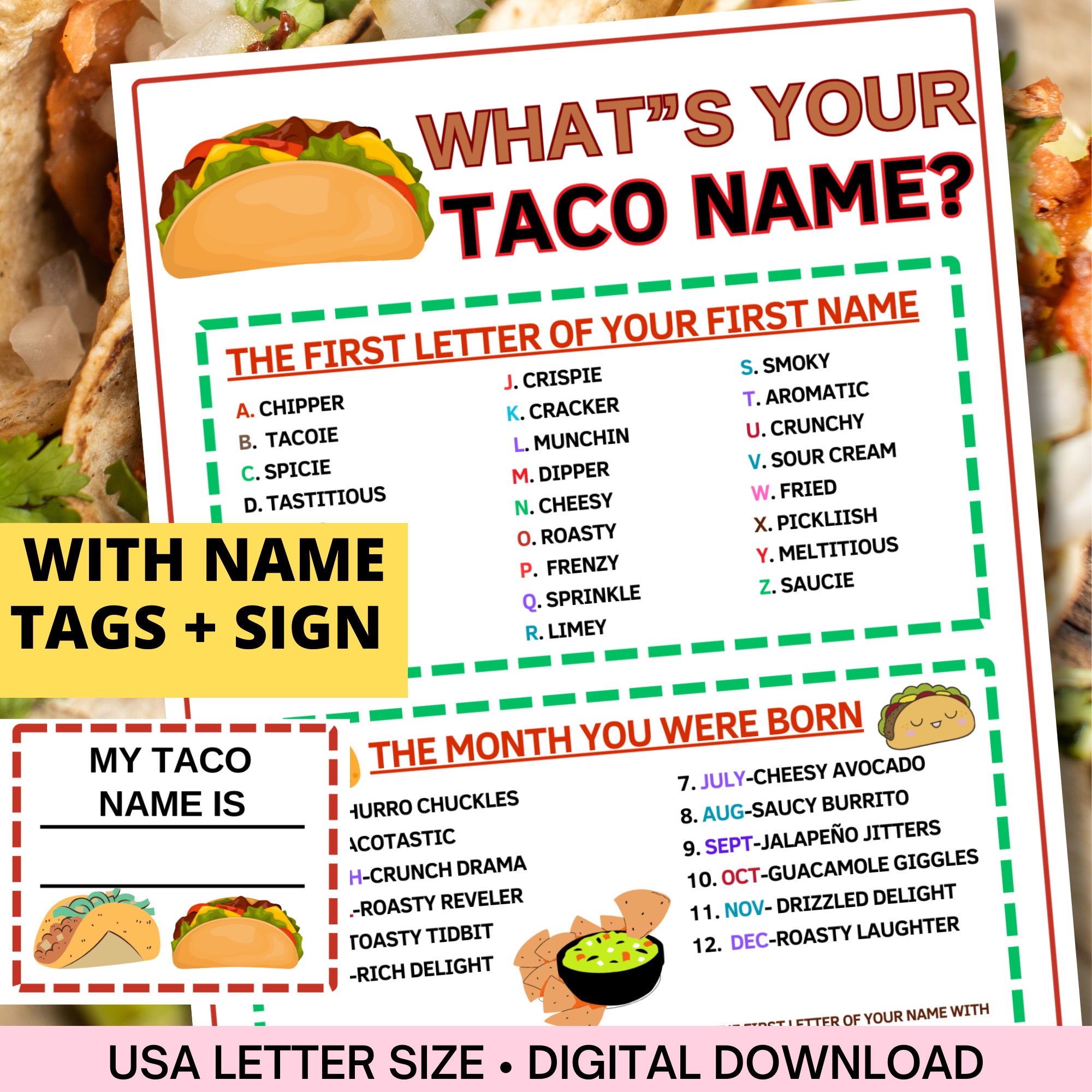 What's Your Taco Name Game With Nametags & Signcinco De Mayo Taco Game ...