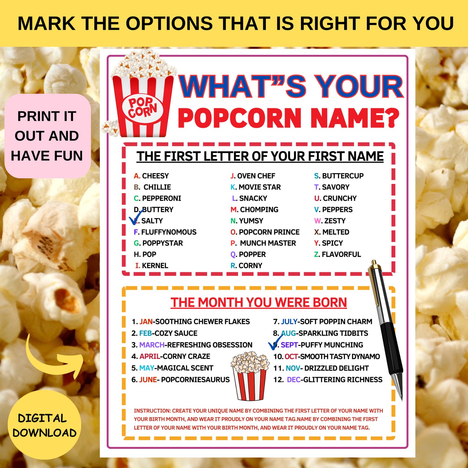 What's Your Popcorn Name Game With Name Tags & Sign|birthday Party ...