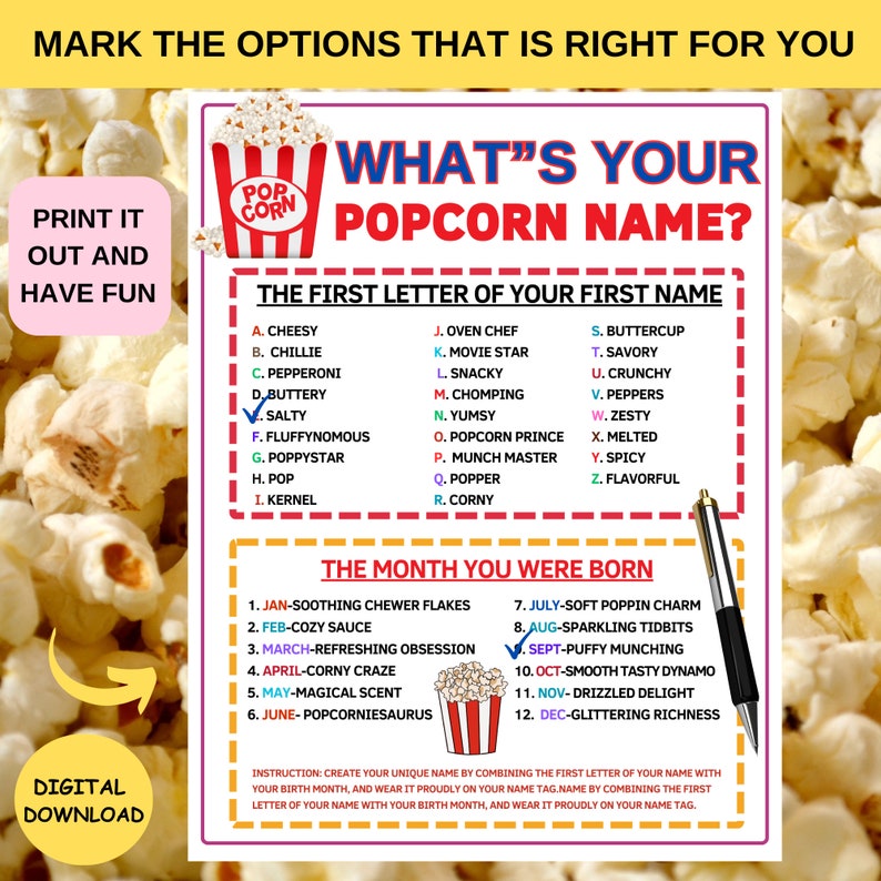What's Your Popcorn Name Game With Name Tags & Sign|birthday Party ...