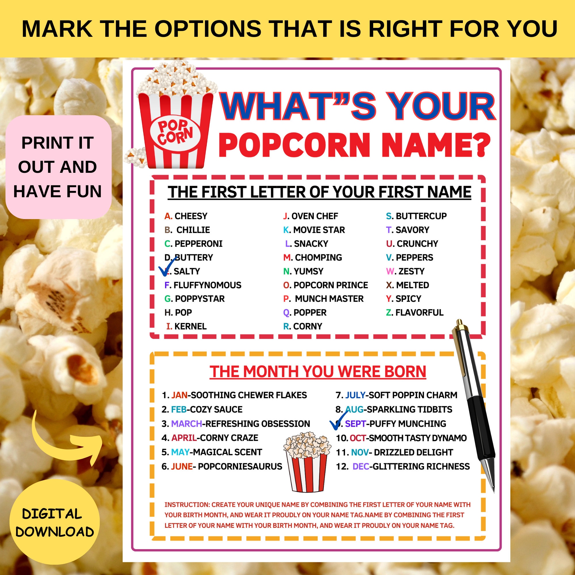 What's Your Popcorn Name Game With Name Tags & Sign|birthday Party ...