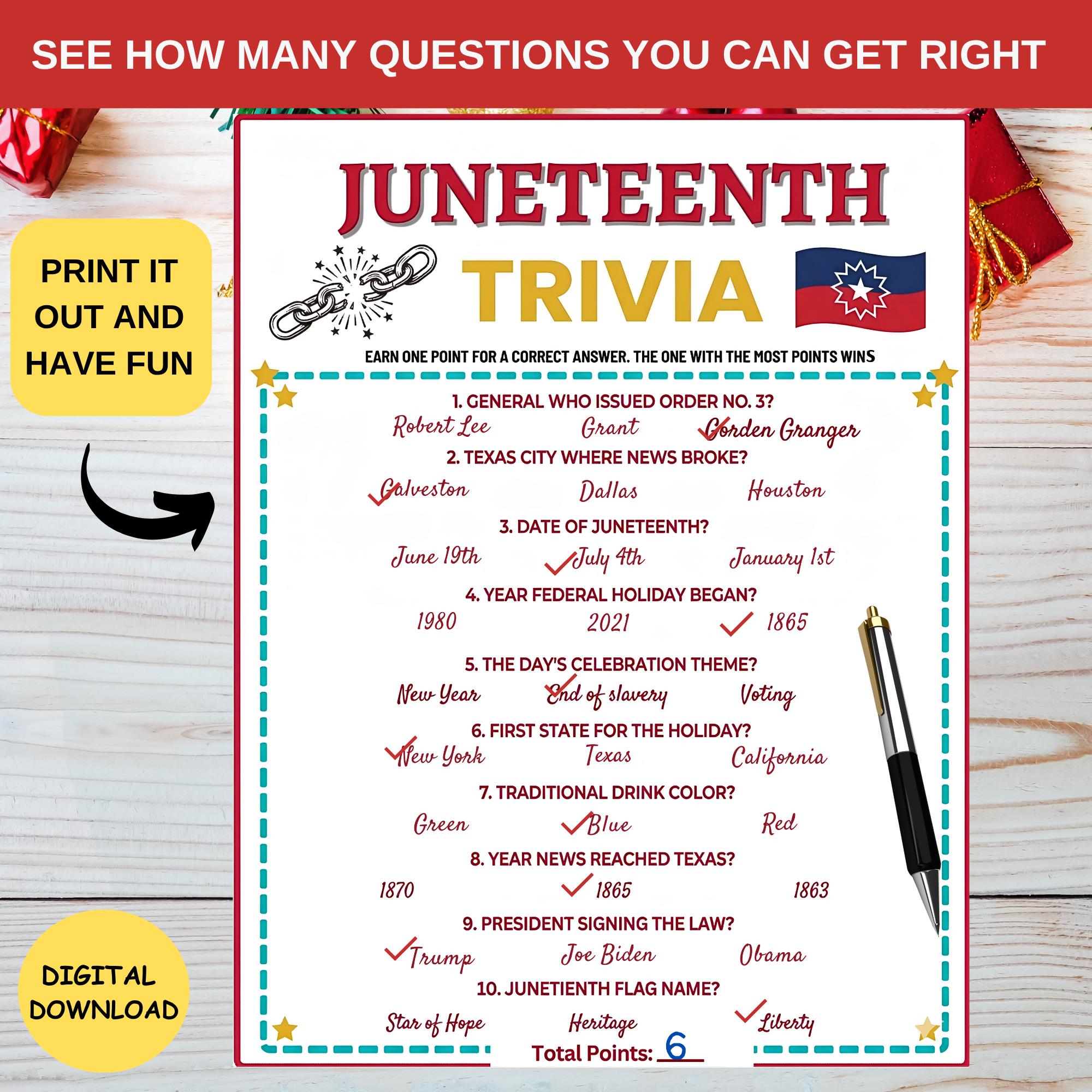 Juneteenth Trivia Game Printable,black History Quiz for Adults & Kids ...