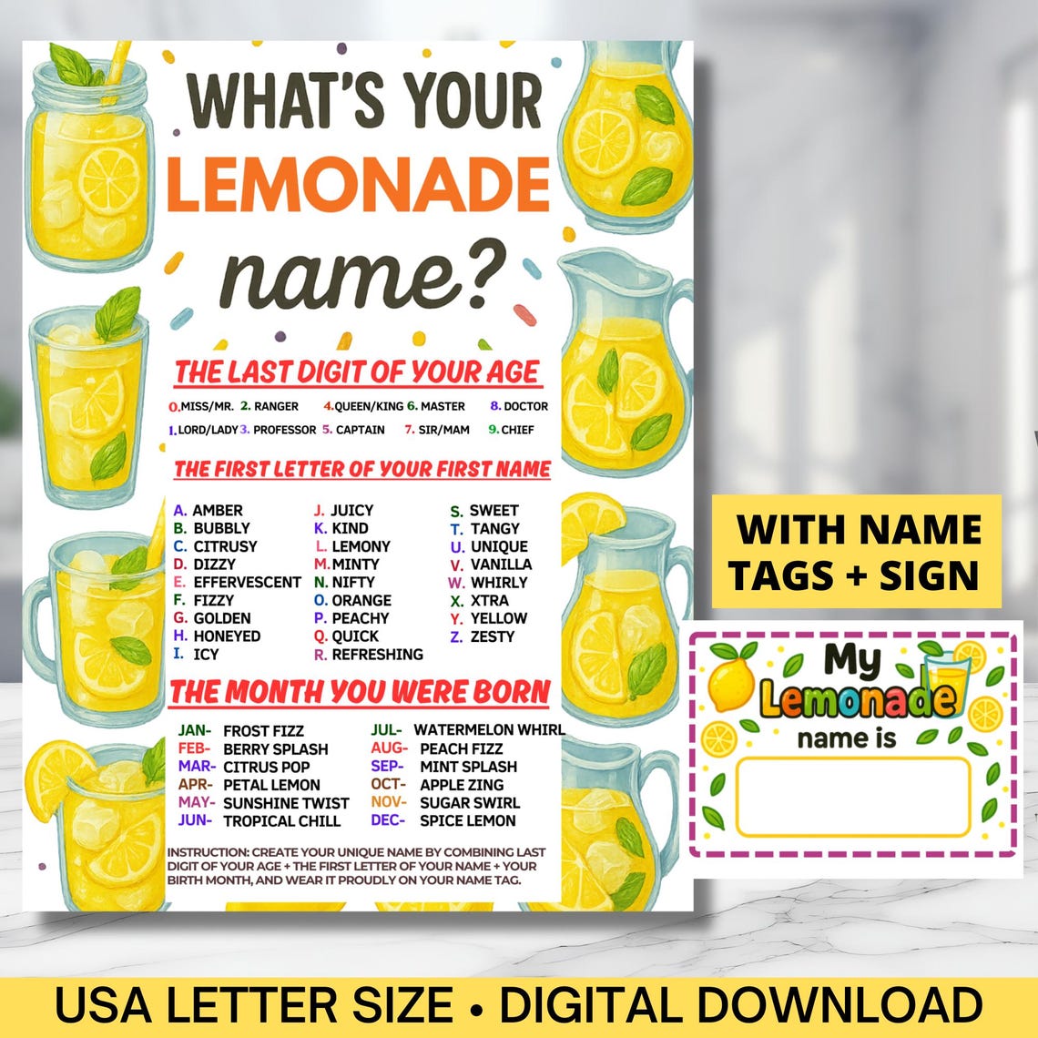 What's Your Lemonade Name Game With Nametags & Sign,birthday Games ...