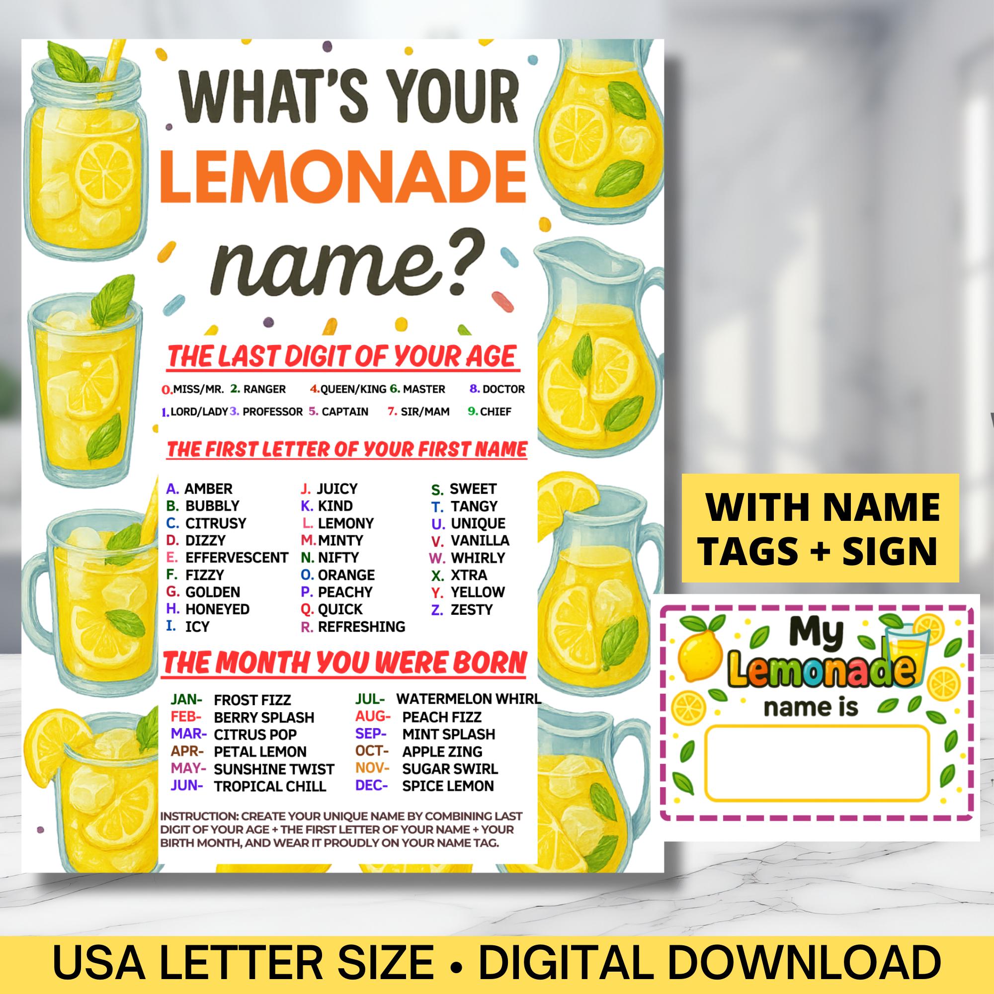 What's Your Lemonade Name Game With Nametags & Sign,birthday Games ...
