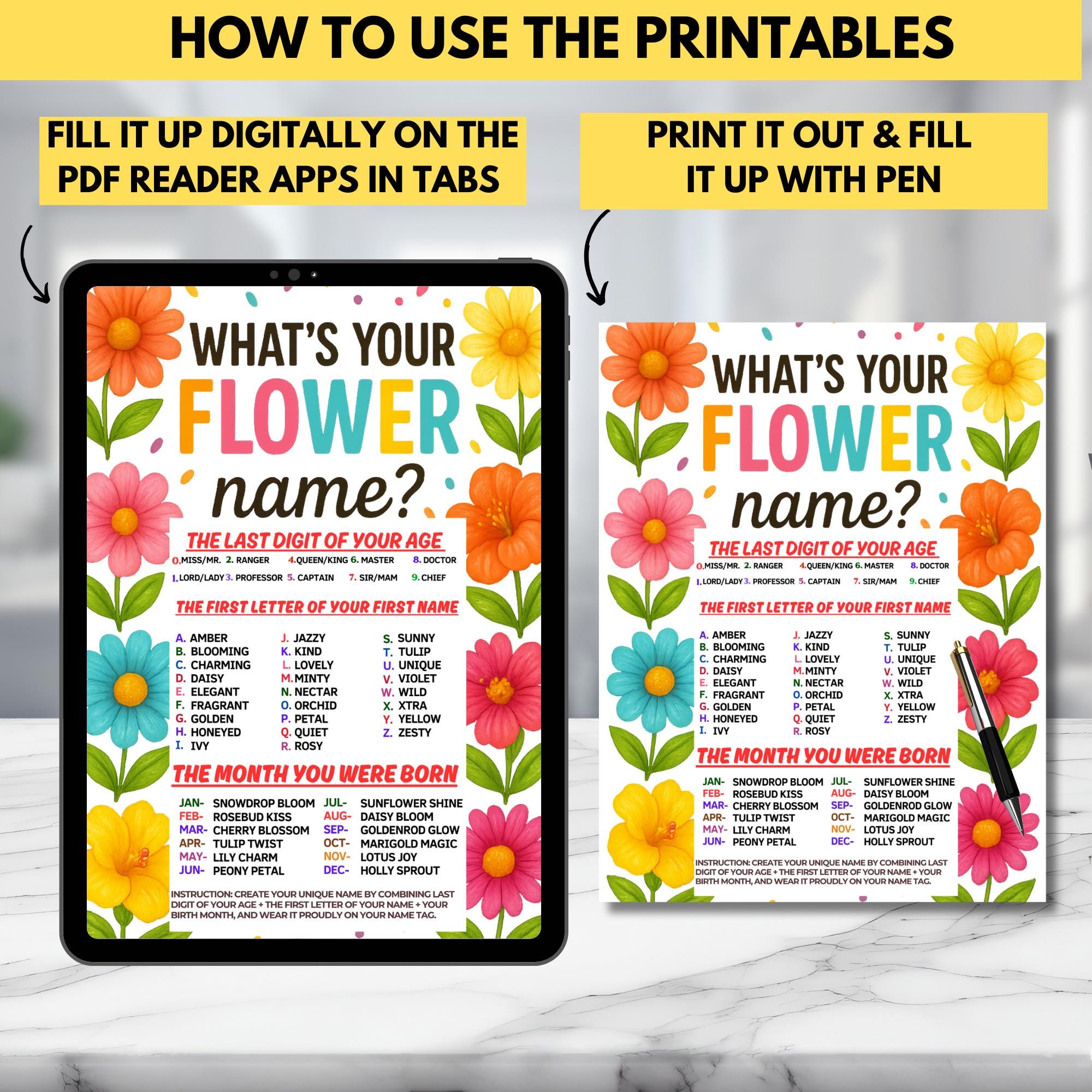 What's Your Flower Name Game With Nametags & Sign,birthday + Summer ...