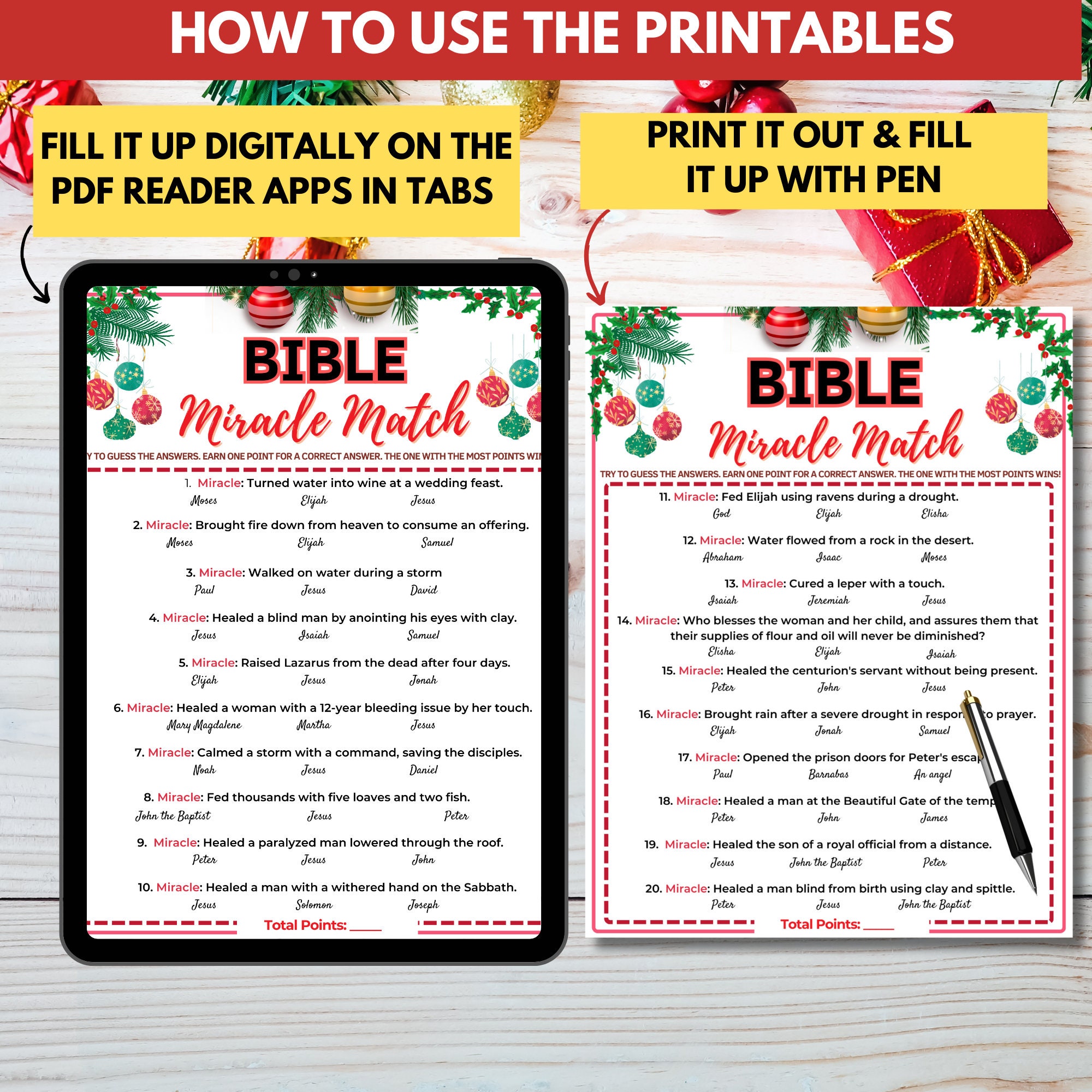 Bible Miracle Match Trivia Game|christmas Bible Printable Games (kids ...