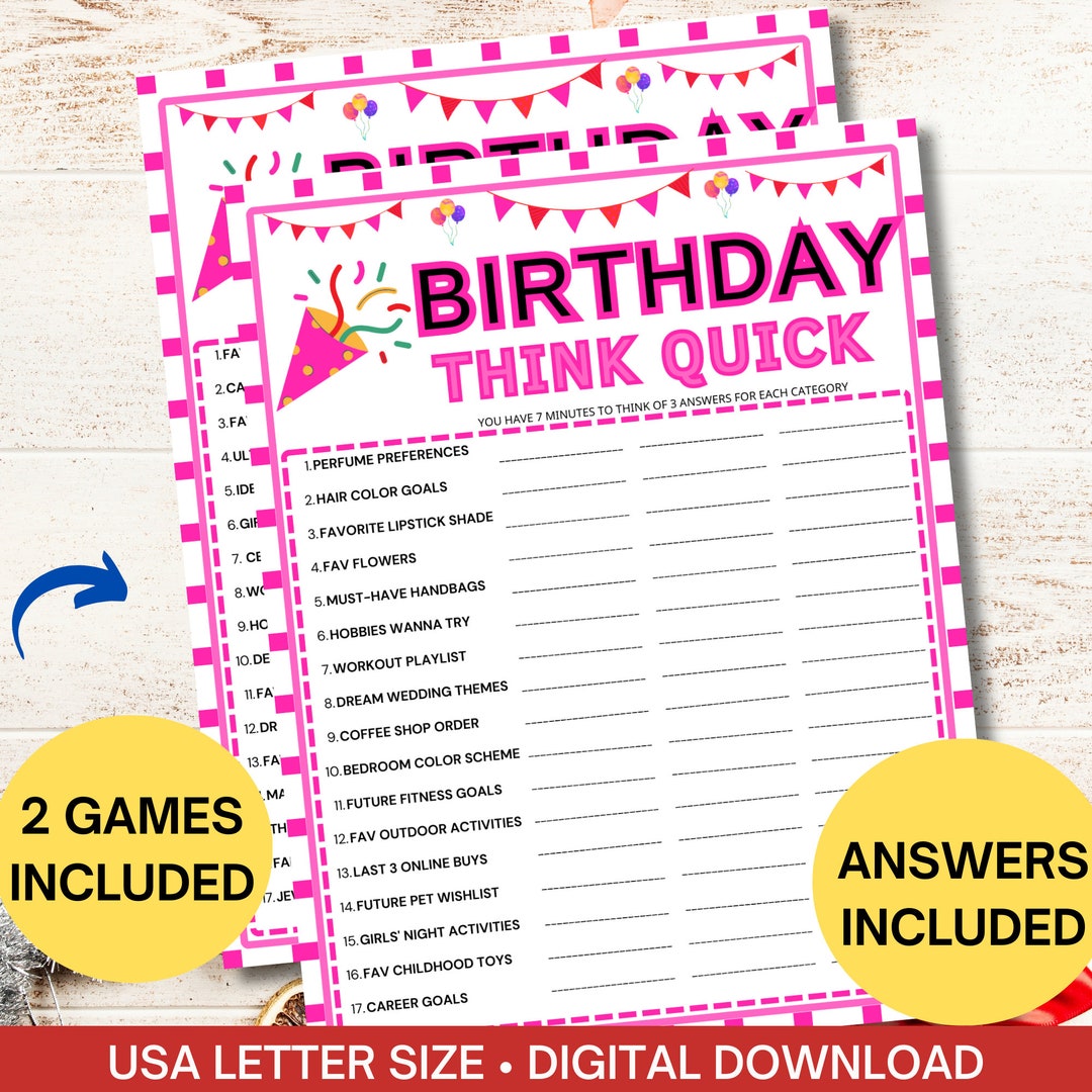 Pink Birthday Think Quick Game|birthday Party Printable (kids,teens ...