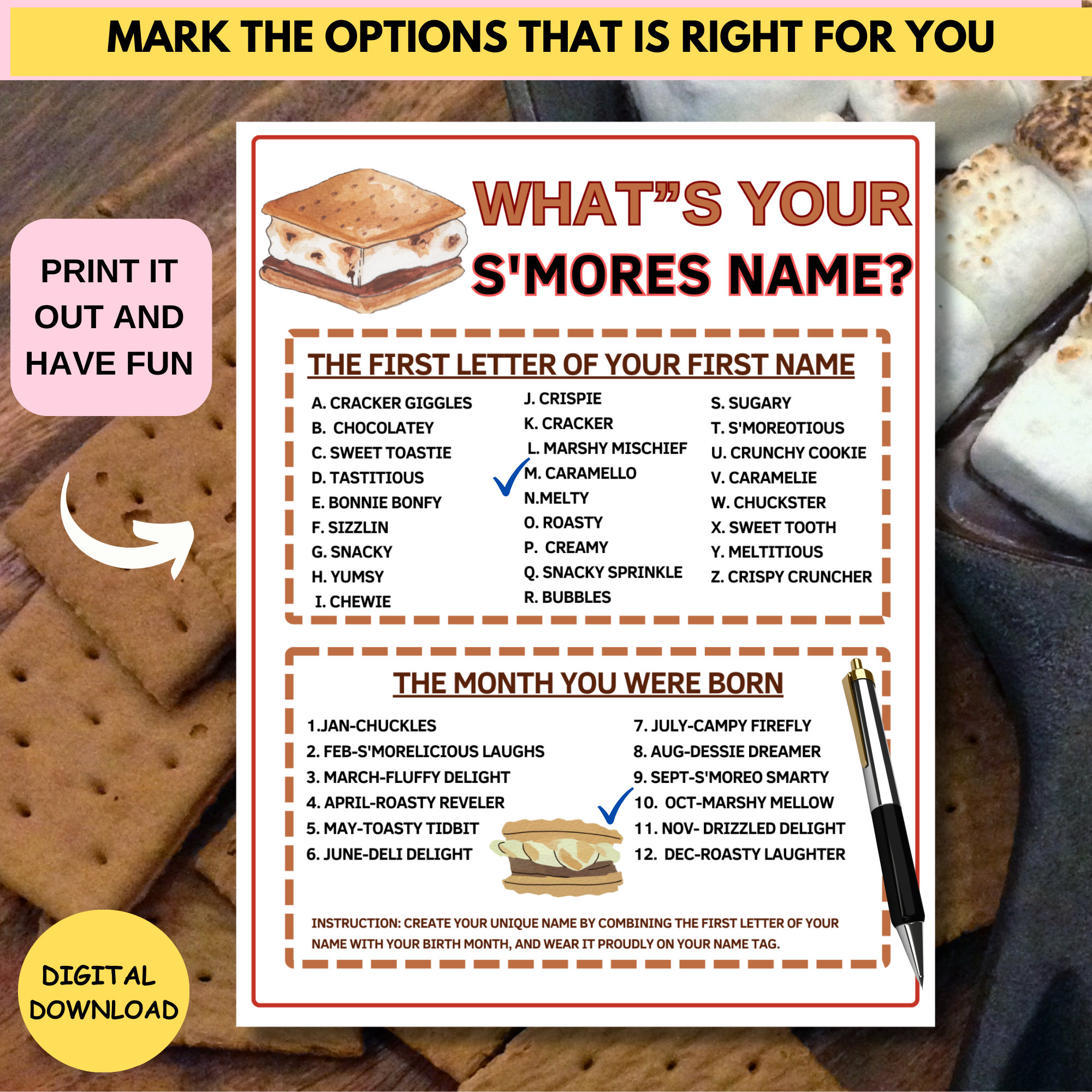 What's Your S'mores Name Game With Nametags+sign|s'mores Birthday Party ...