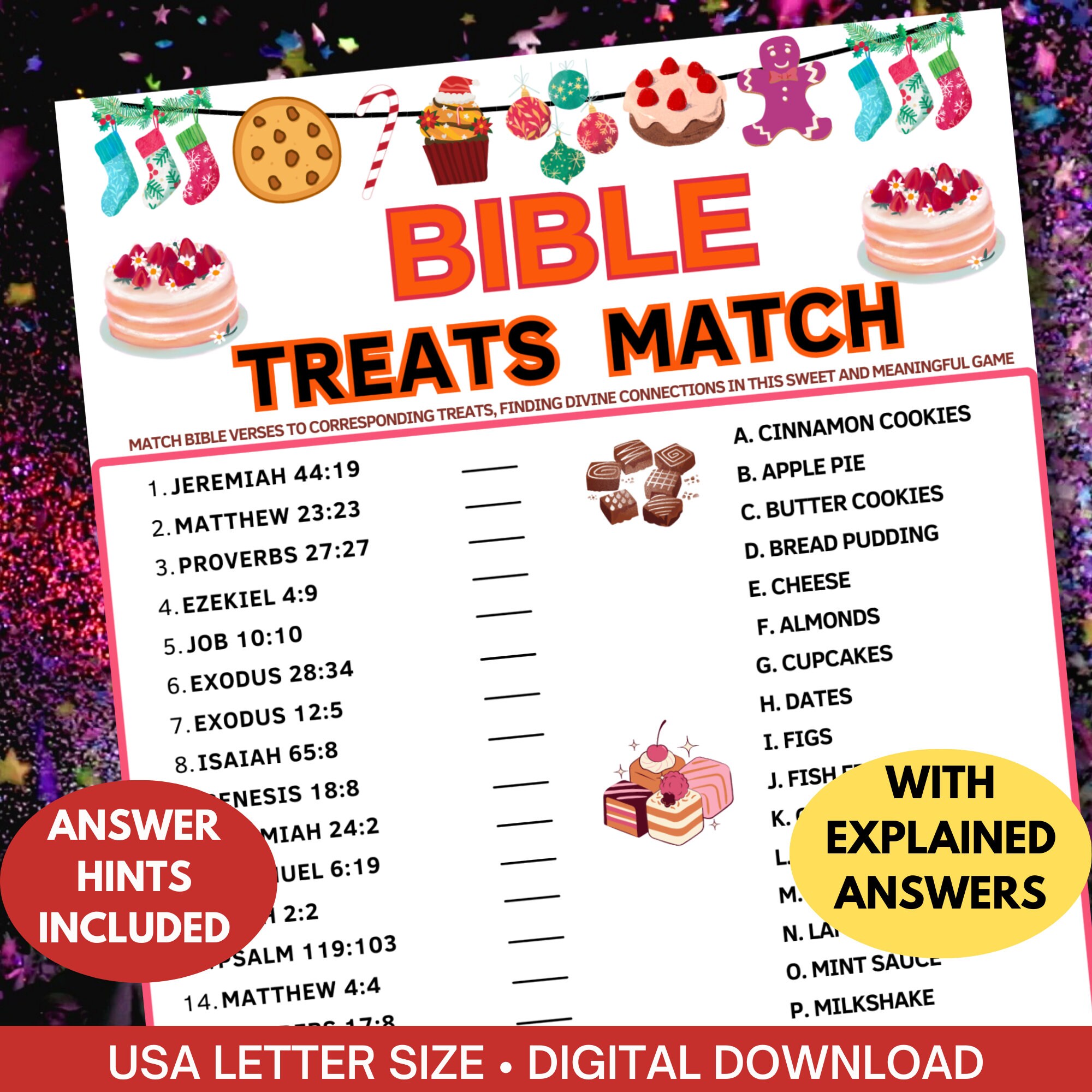 Bible Treats Match Game|bible Printable Game for Kids & Adult|church ...