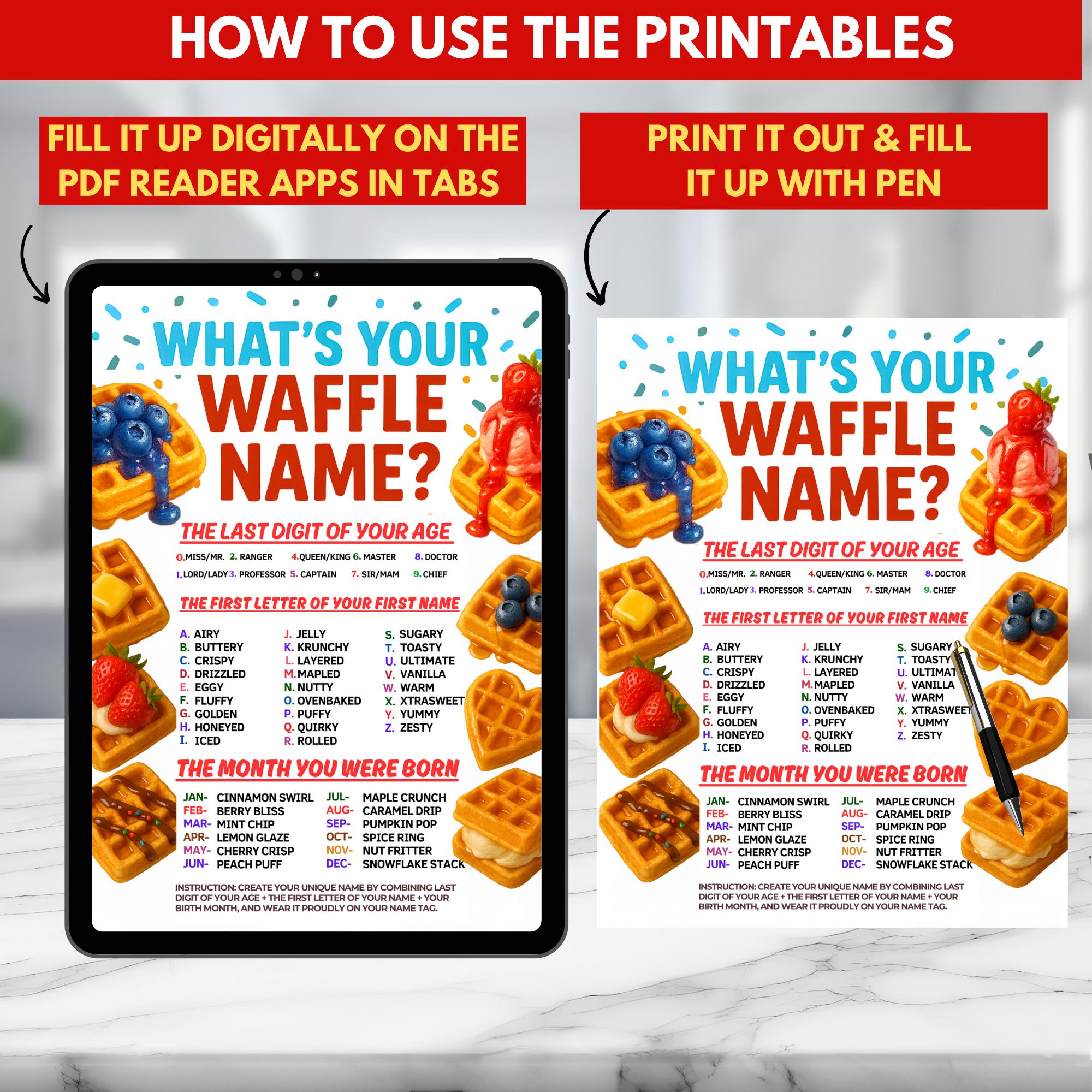 What's Your Waffle Name Game With Nametags & Sign,fun Birthday Party ...
