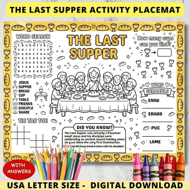 The Last Supper Bible Activity Placemat Craft,sunday School Coloring ...