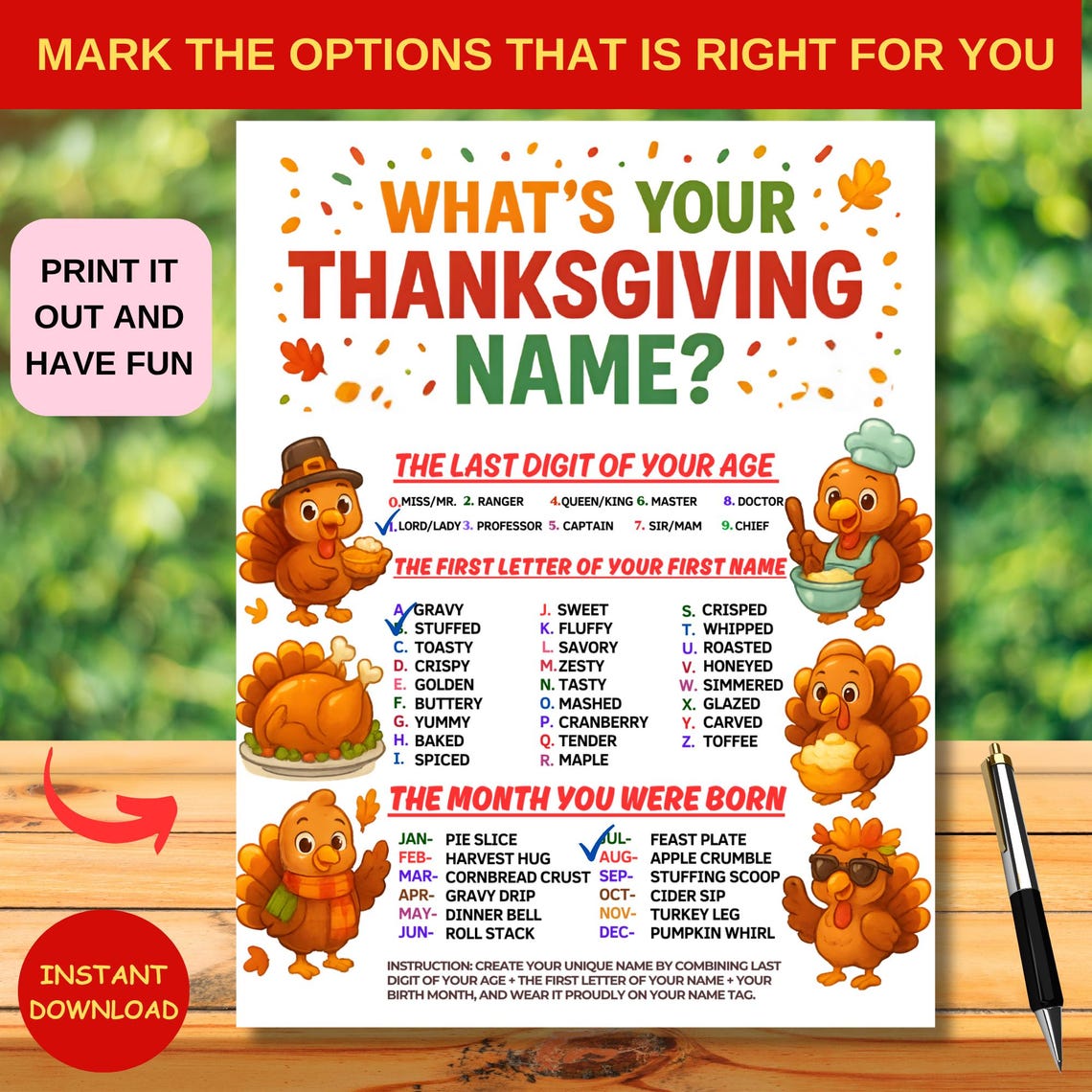 What's Your Thanksgiving Name Game With Nametags & Sign,turkey Birthday ...