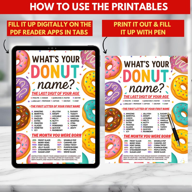 What's Your Donut Name Game With Nametags & Sign,fun Birthday Party ...