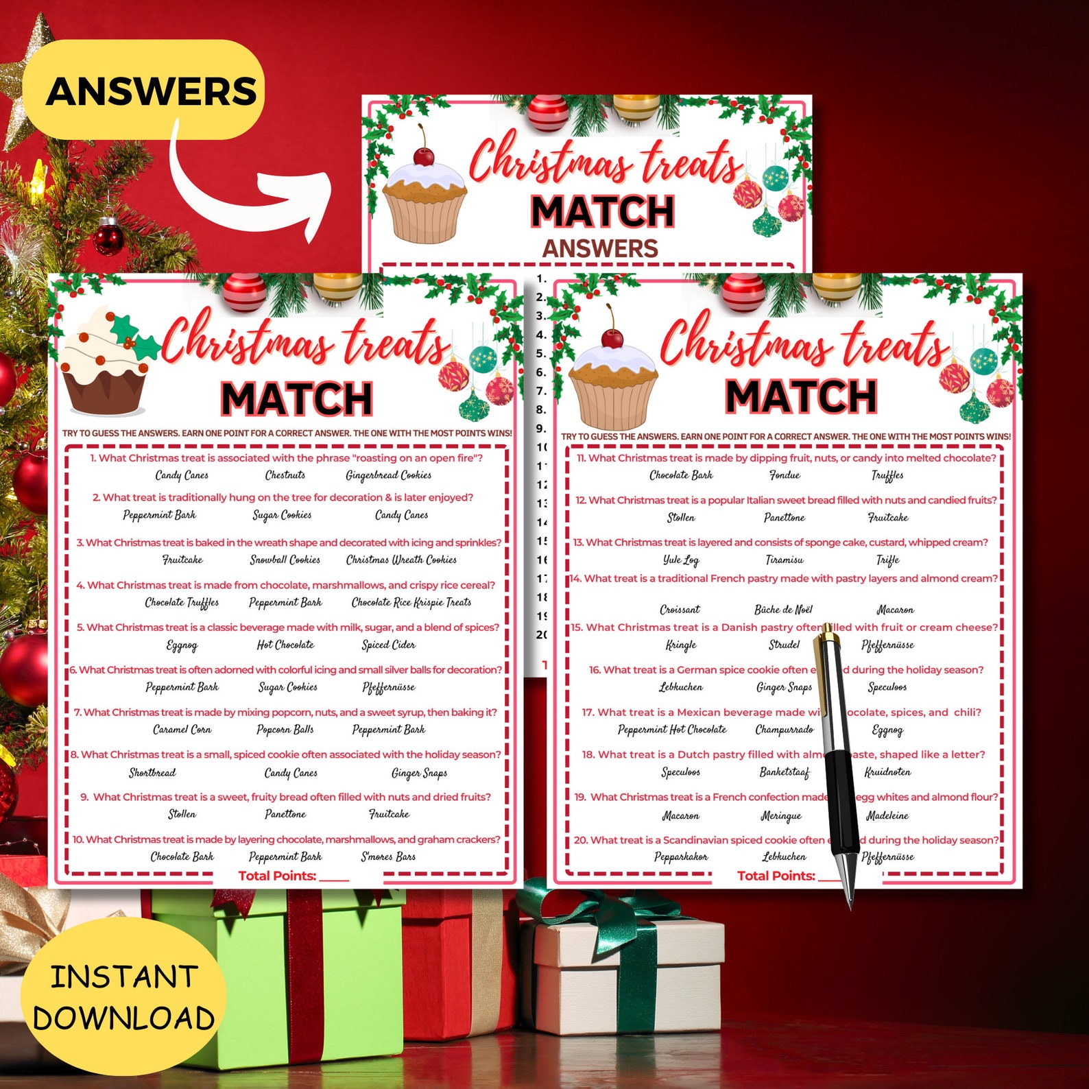 Christmas Treat Trivia Match Game|family Printable Game for Kids ...