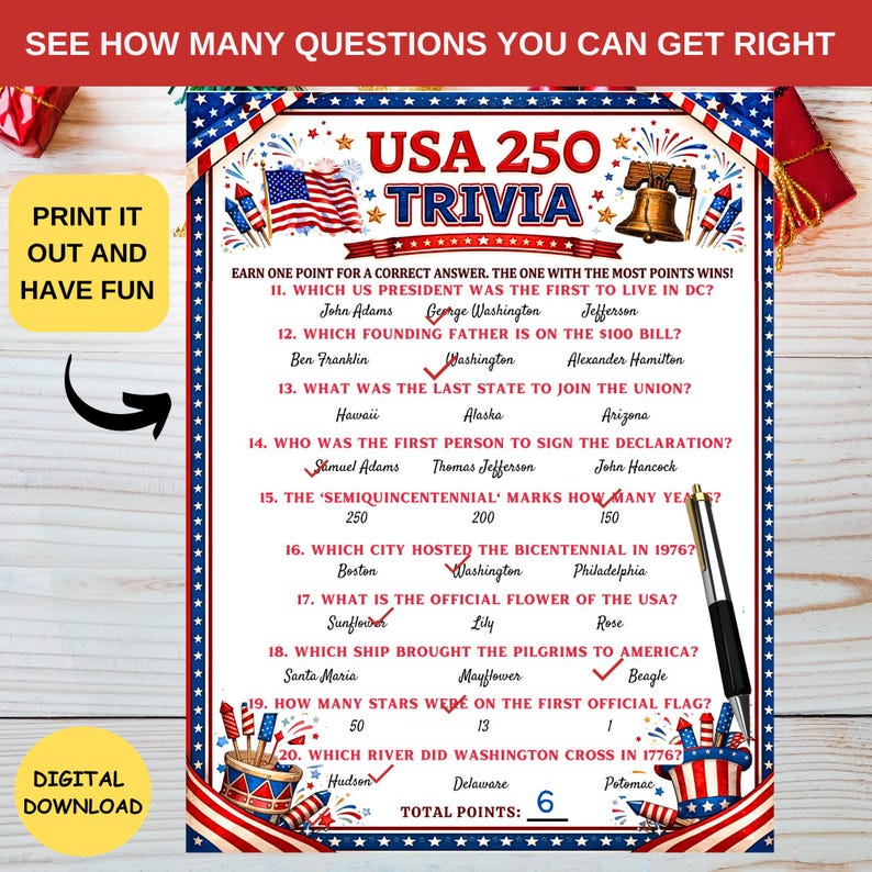 USA 250th Anniversary Trivia Game Printable,america’s 250th Birthday ...