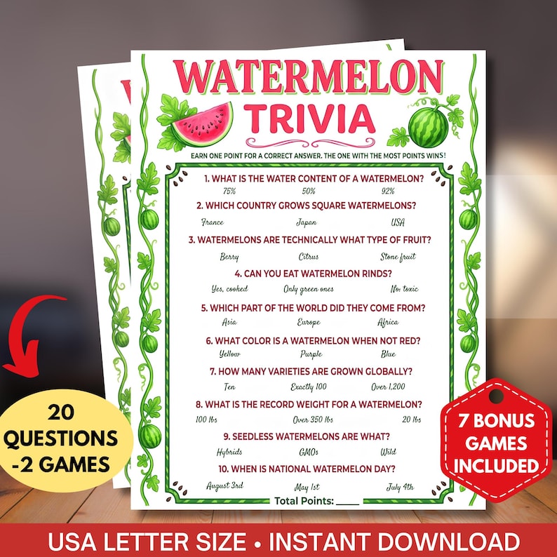 Watermelon Trivia Game Printable,summer Picnic Party Quiz for Kids,teen ...
