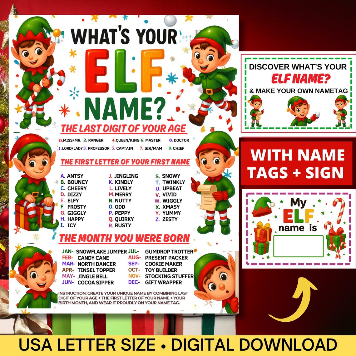What's Your Elf Name Game With Name Tags & Sign,elf Name Generator ...