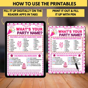 What's Your Party Name Game With Name Tags & Sign| Pink Girl Birthday ...