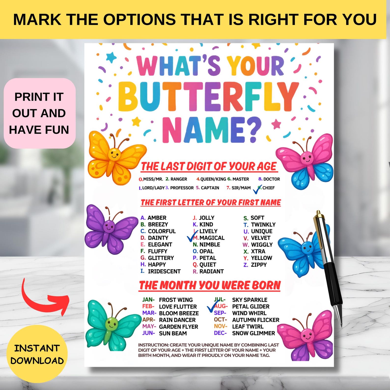 What's Your Butterfly Name Game With Nametags & Sign,birthday Party ...