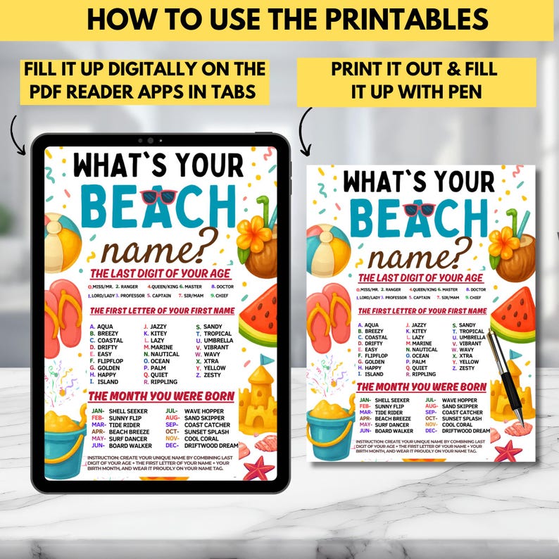 What's Your Beach Name Game With Nametags & Sign,birthday + Summer ...