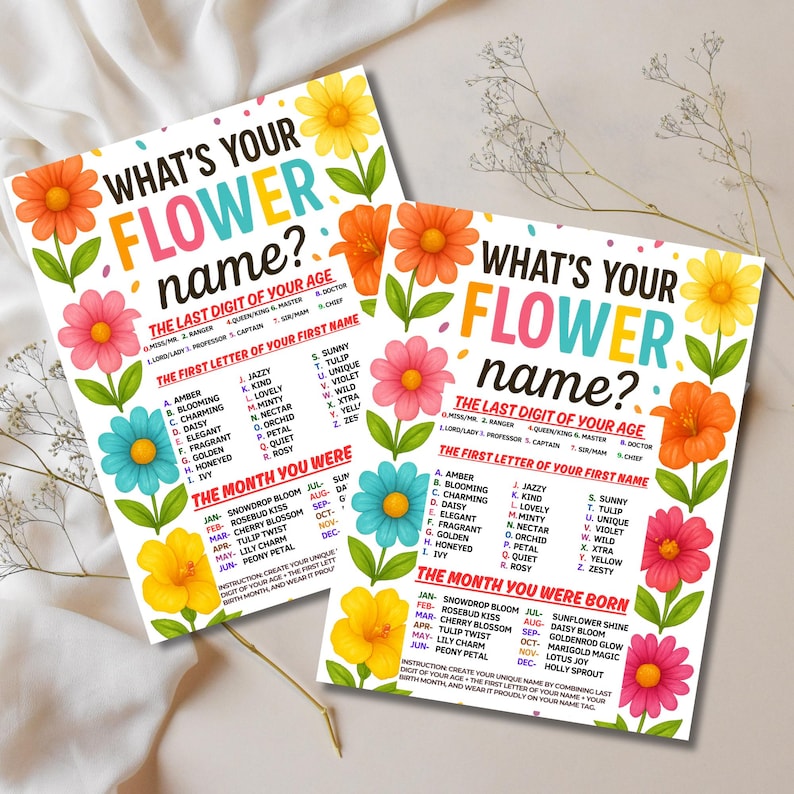 What's Your Flower Name Game With Nametags & Sign,birthday + Summer ...