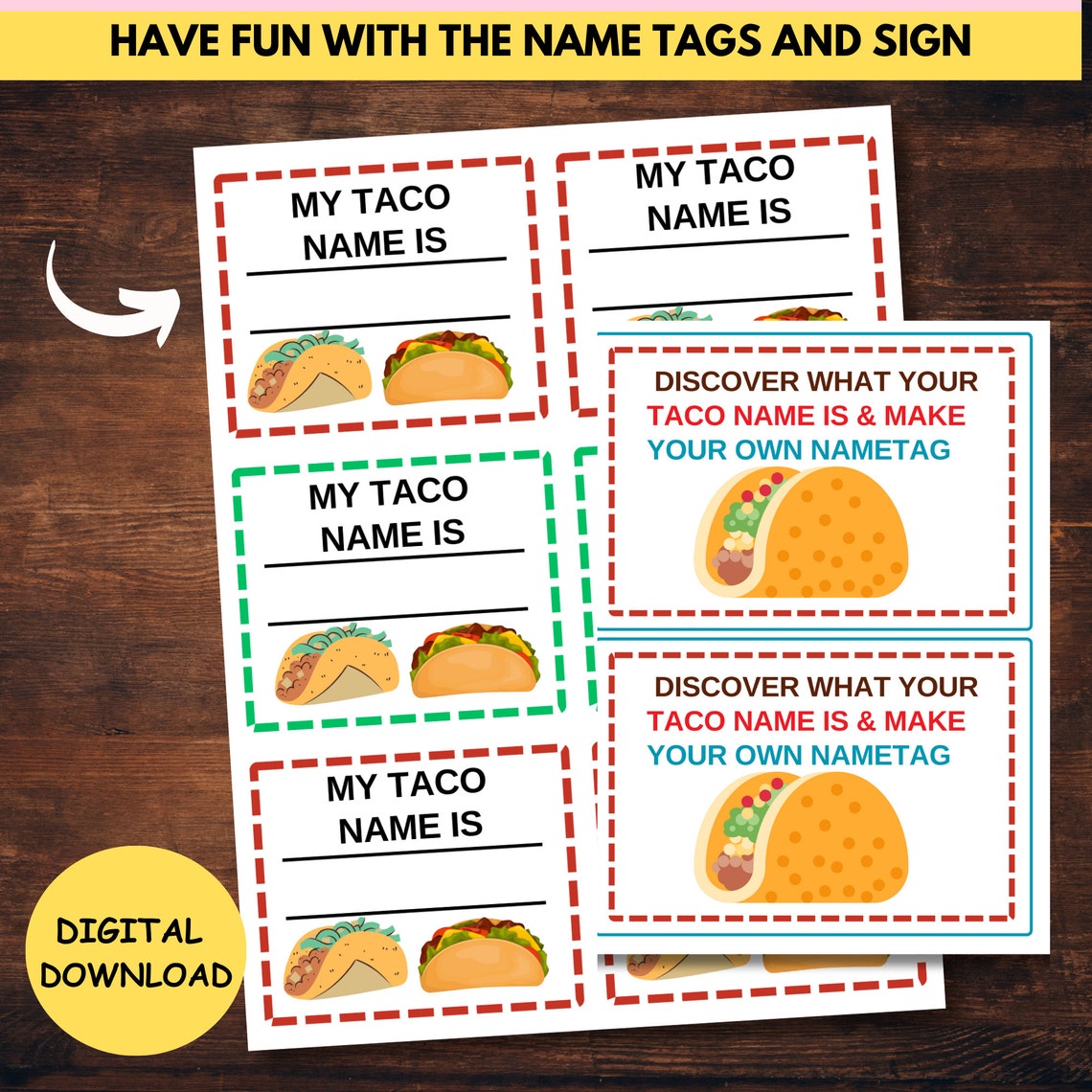 What's Your Taco Name Game With Nametags & Signcinco De Mayo Taco Game ...