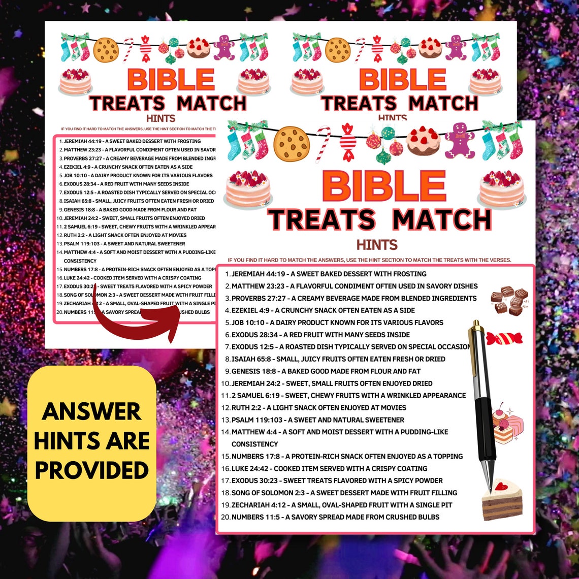 Bible Treats Match Game|bible Printable Game for Kids & Adult|church ...