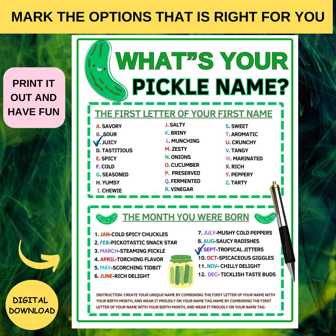 What's Your Pickle Name Game With Nametags & Sign, Pickle ...