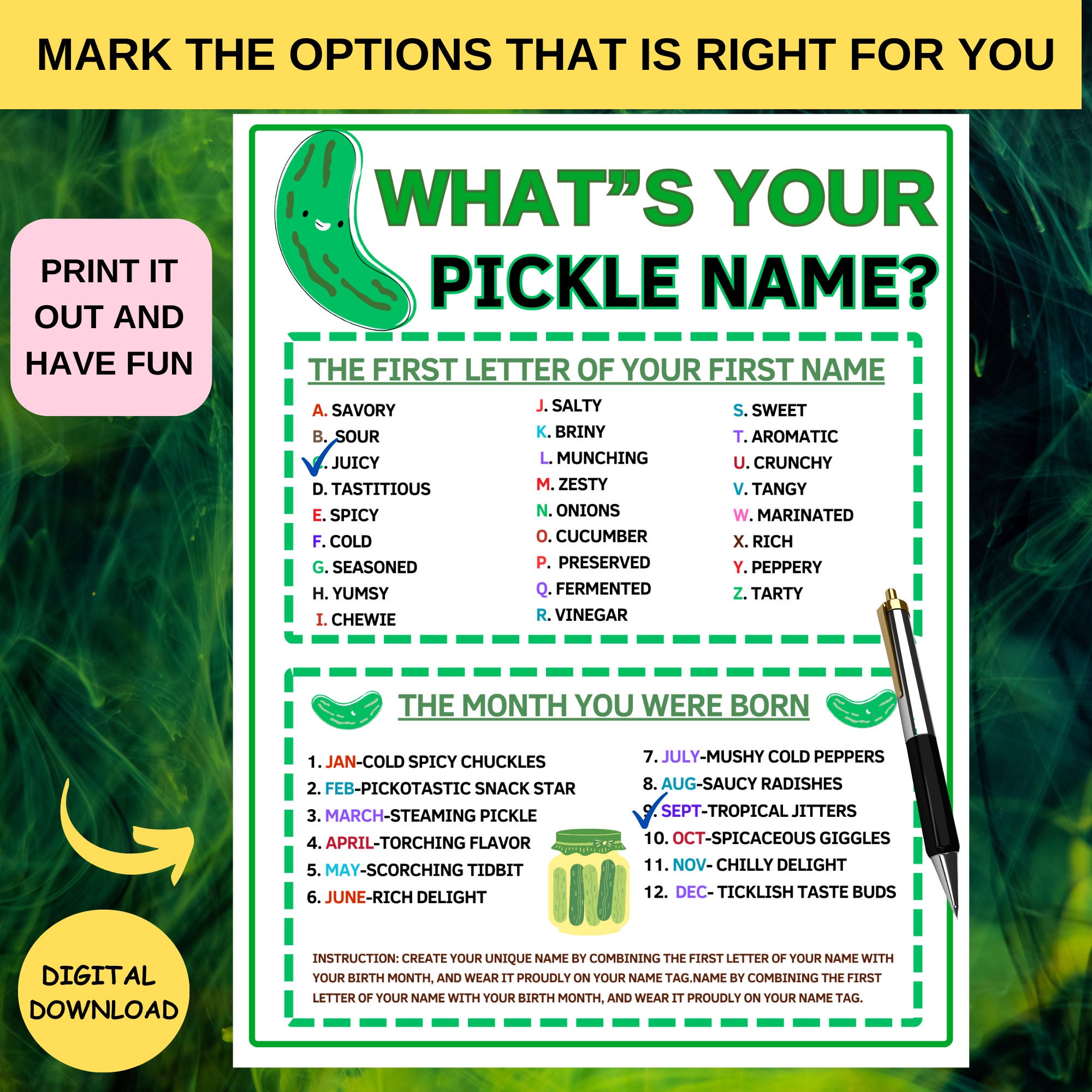 What's Your Pickle Name Game With Nametags & Sign, Pickle Birthday ...