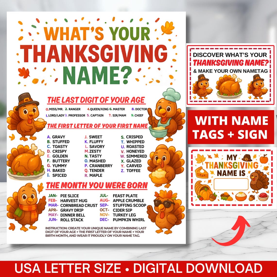 What's Your Thanksgiving Name Game With Nametags & Sign,turkey Birthday ...