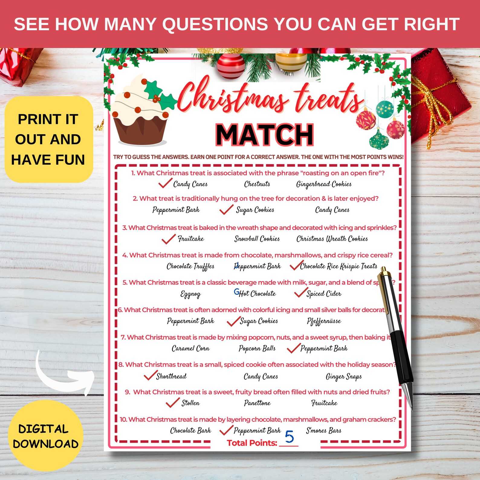 Christmas Treat Trivia Match Game|family Printable Game for Kids ...