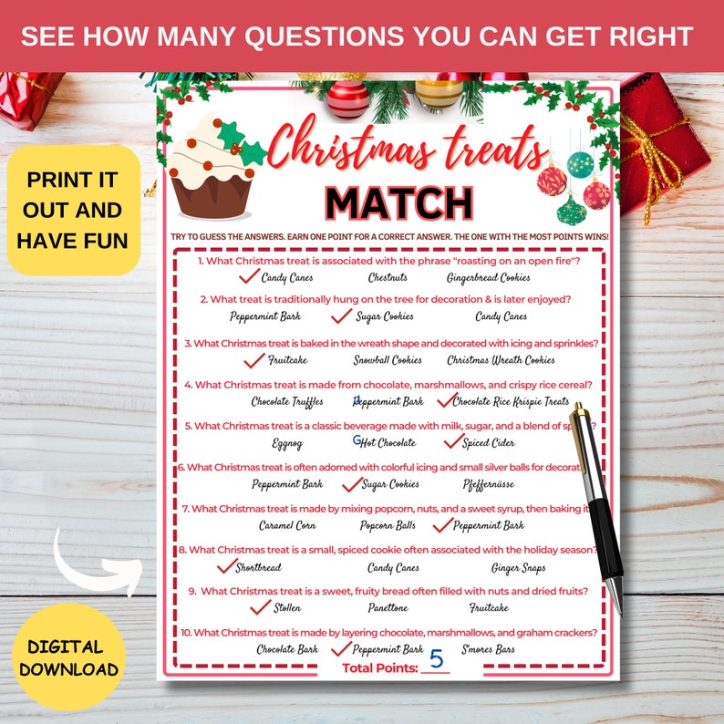 Christmas Treat Trivia Match Game|family Printable Game for Kids ...