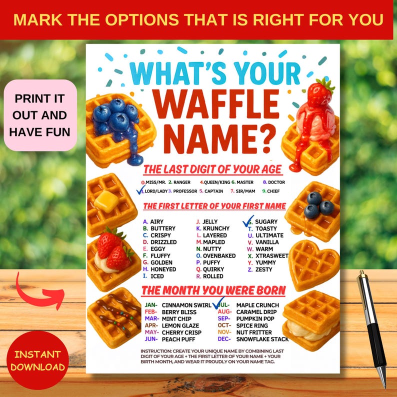 What's Your Waffle Name Game With Nametags & Sign,fun Birthday Party ...