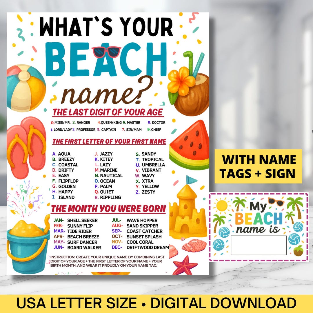 What's Your Beach Name Game With Nametags & Sign,birthday + Summer ...