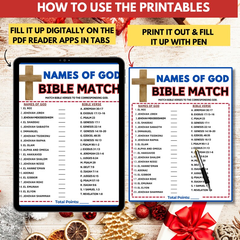 Names of God Bible Match Game|bible Printable Verse Game for Kids+adult ...