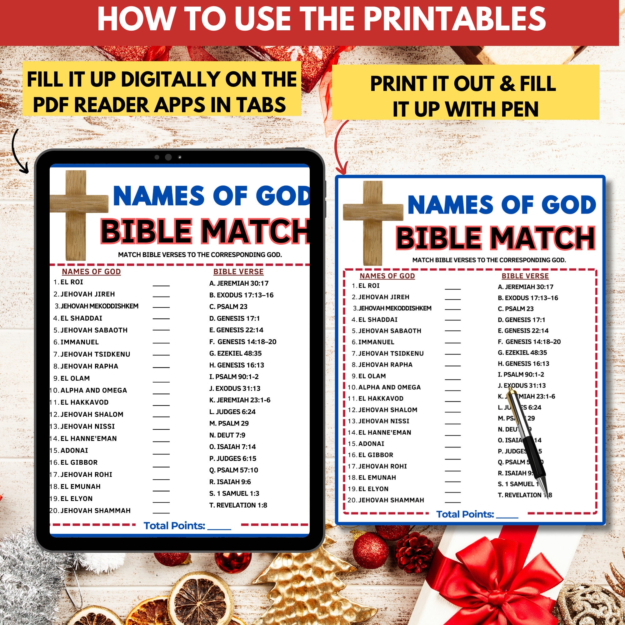 Names of God Bible Match Game|bible Printable Verse Game for Kids+adult ...