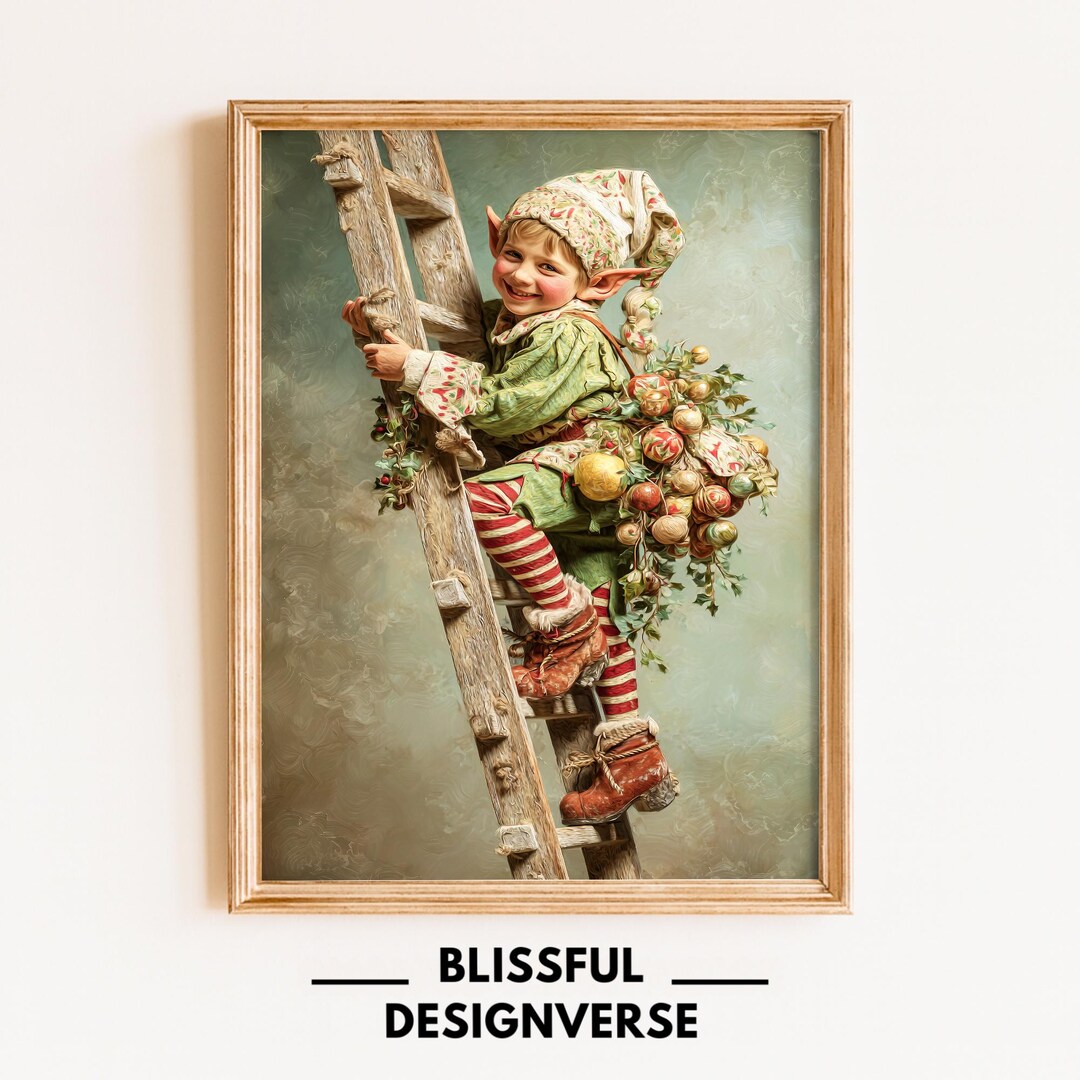 Smiling Elf Climbing Ladder With Gift -whimsical Christmas Wall Art ...