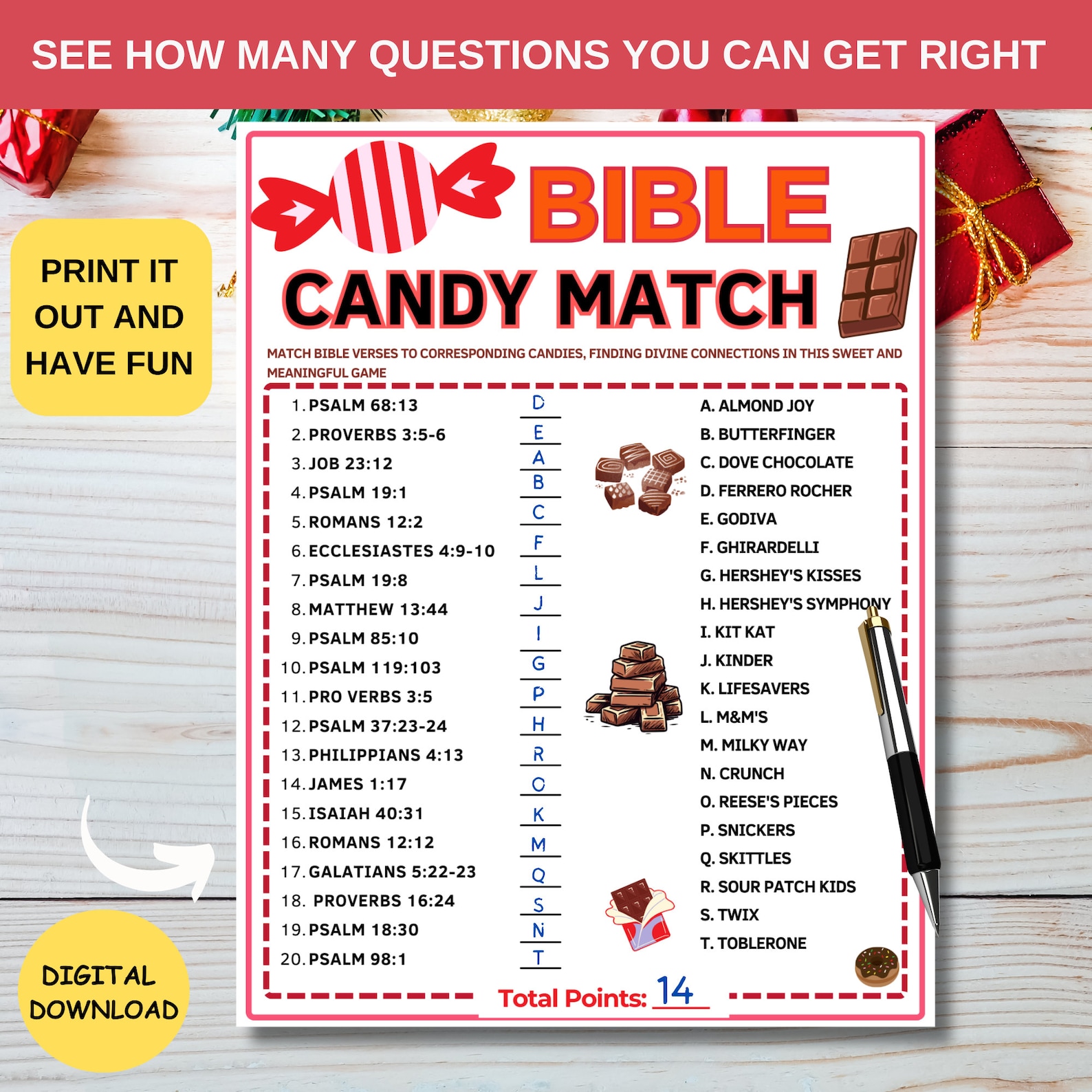 Bible Candy Match Game|bible Printable Games for Kids & Adult|church ...