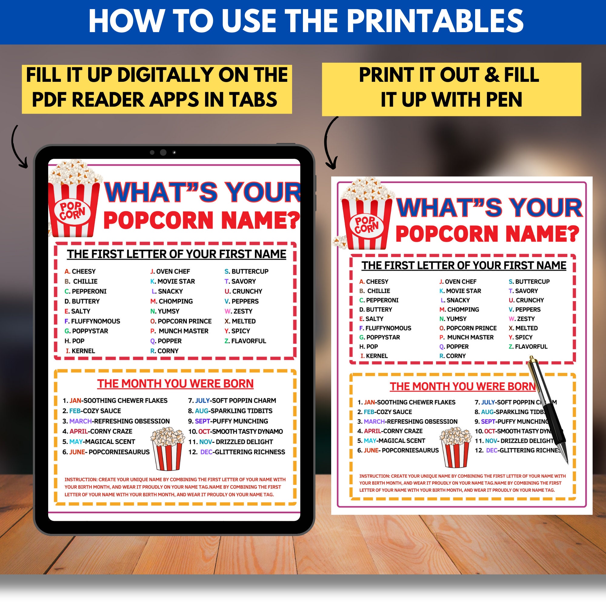 What's Your Popcorn Name Game With Name Tags & Sign|birthday Party ...