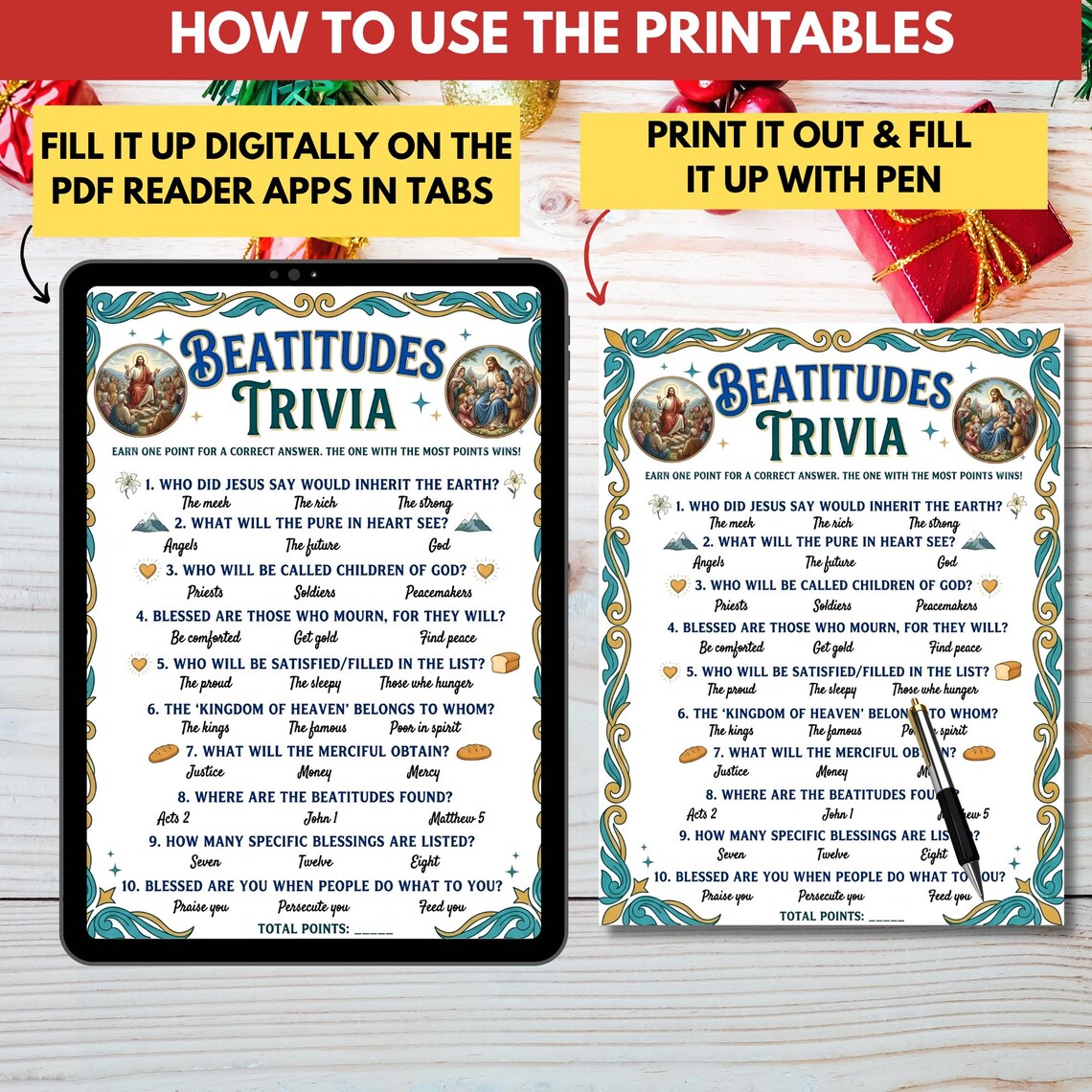 The Beatitudes Trivia Game Printable,biblical History Quiz,new ...