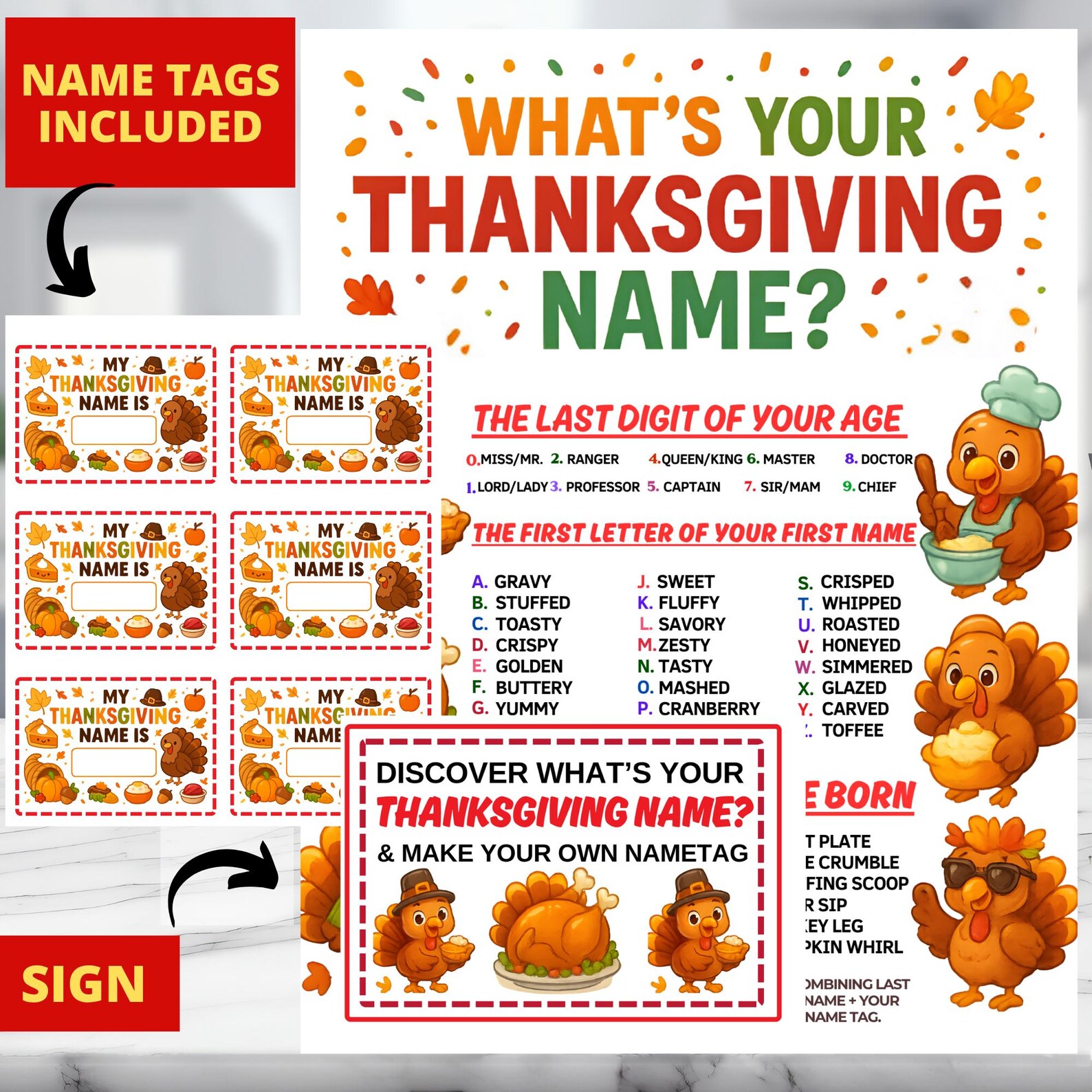 What's Your Thanksgiving Name Game With Nametags & Sign,turkey Birthday ...